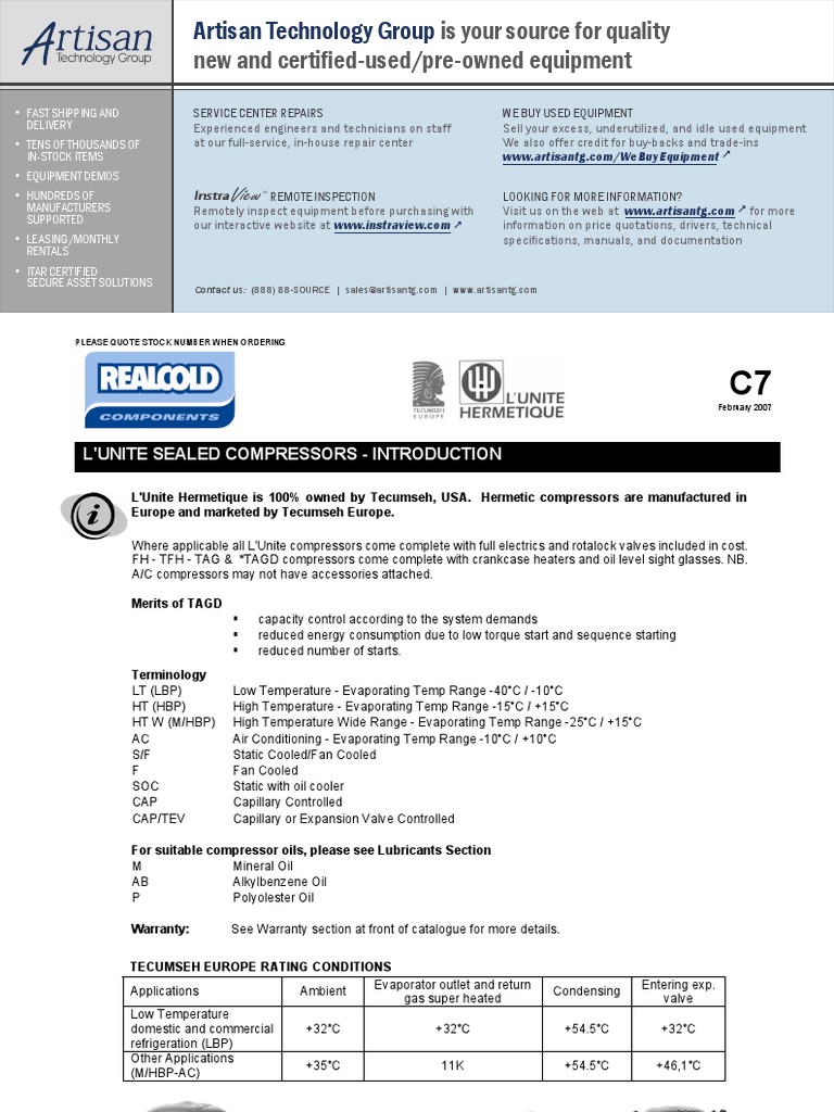Tecumseh Compressors Datasheet | PDF | Relay | Air Conditioning