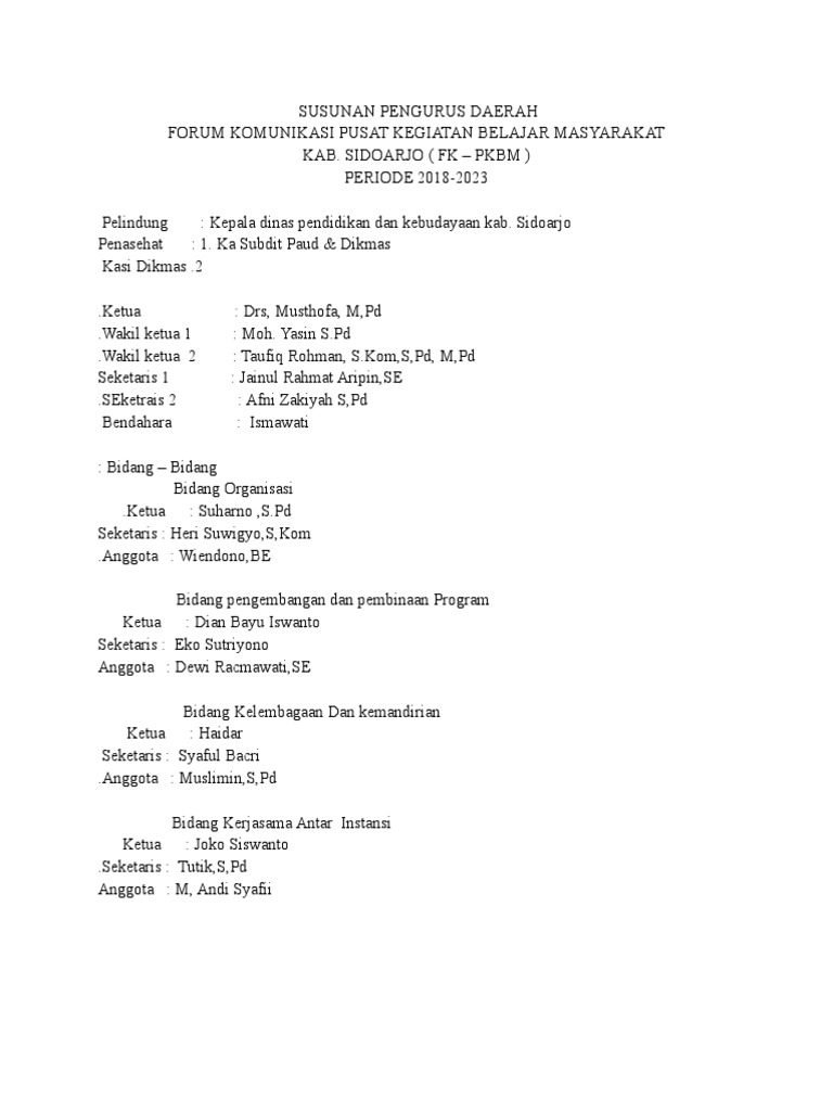 Struktur Pengurus FK-PKBM Sidoarjo 2018-2023 | PDF | Ilmu Sosial