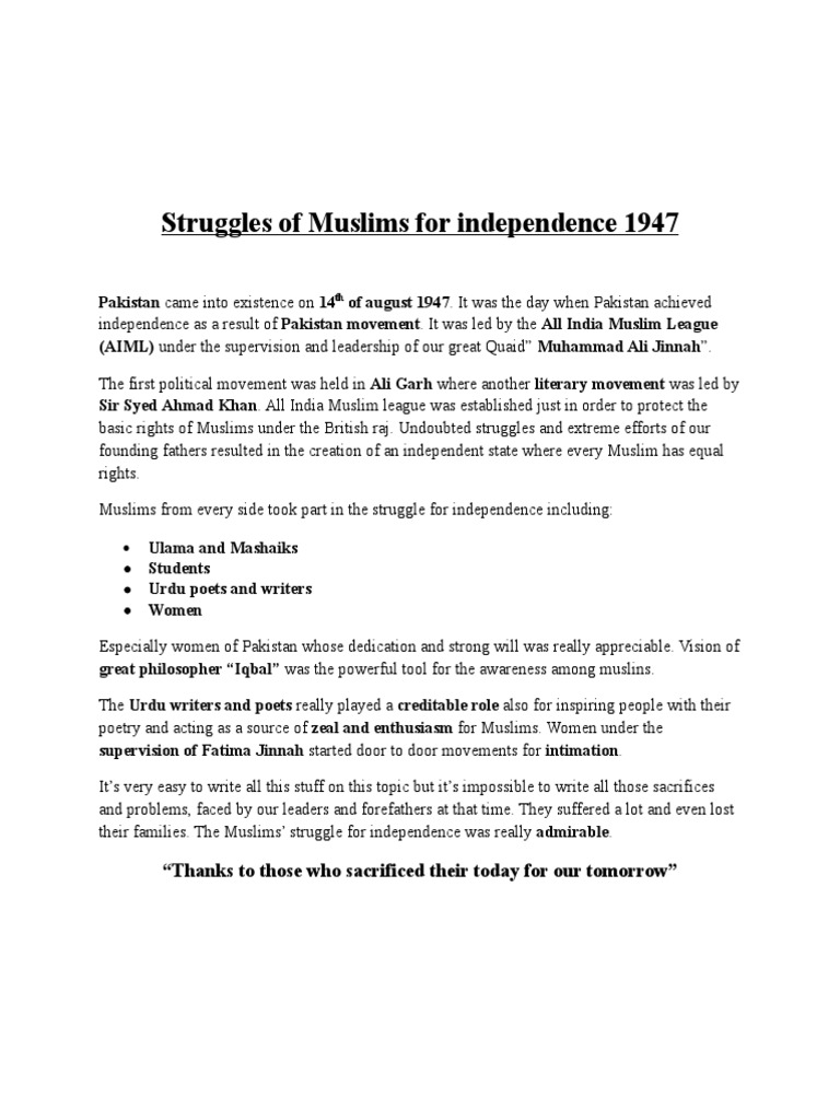 Struggles of Muslims For Independence 1947 | PDF | All India Muslim ...