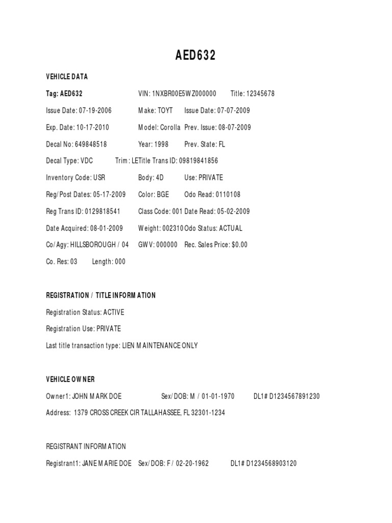 Vehicle Data Tag: AED632 | PDF