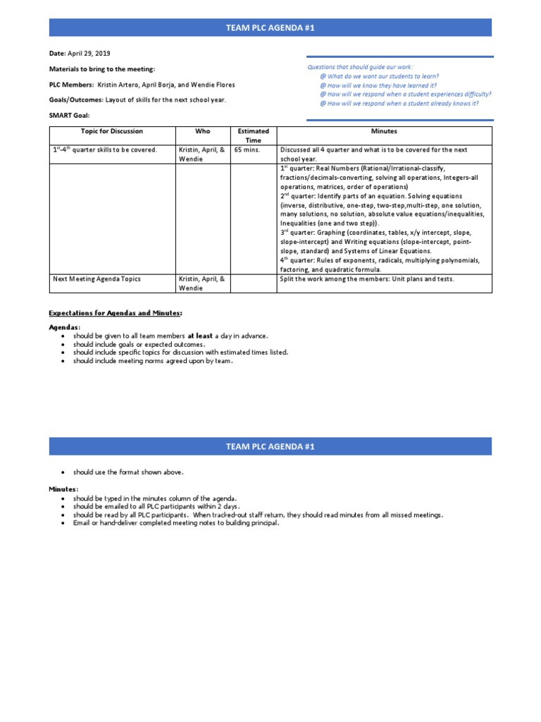 PLC Meeting Minutes-4-29-19 | PDF | Equations | Mathematical Concepts