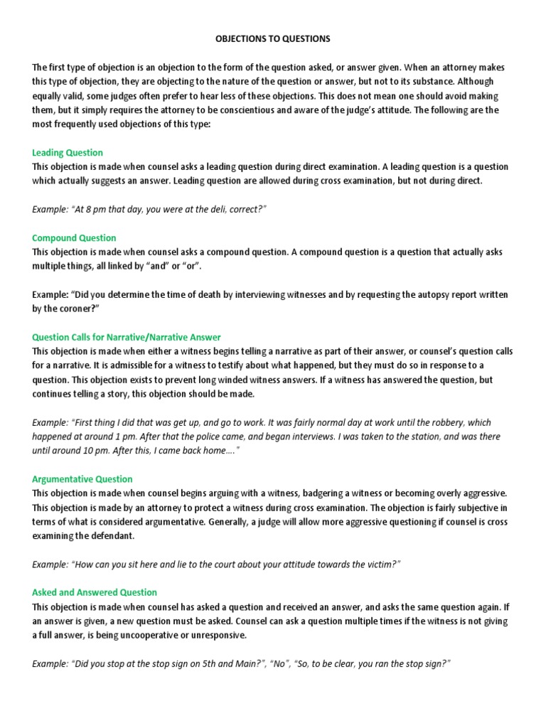 Objections Guidelines | PDF | Hearsay | Evidence (Law)