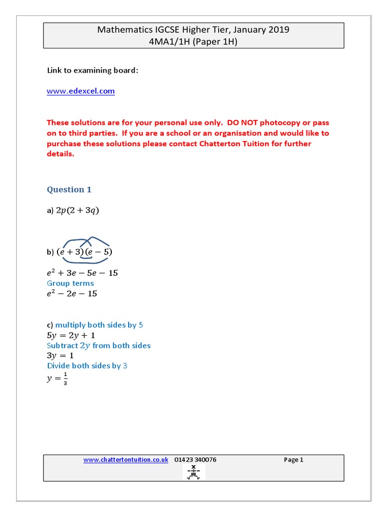 Math 1H Workout IGCSE EDEXCL January 2019 | PDF | Trigonometric ...