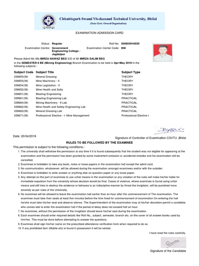 Examination Admission Card: Engineering College - Jagdalpur | PDF ...