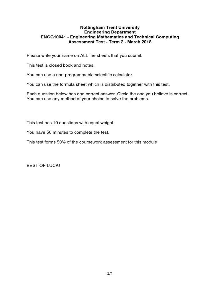 NTU Engineering Maths and Computing Test | PDF | Ordinary Differential ...