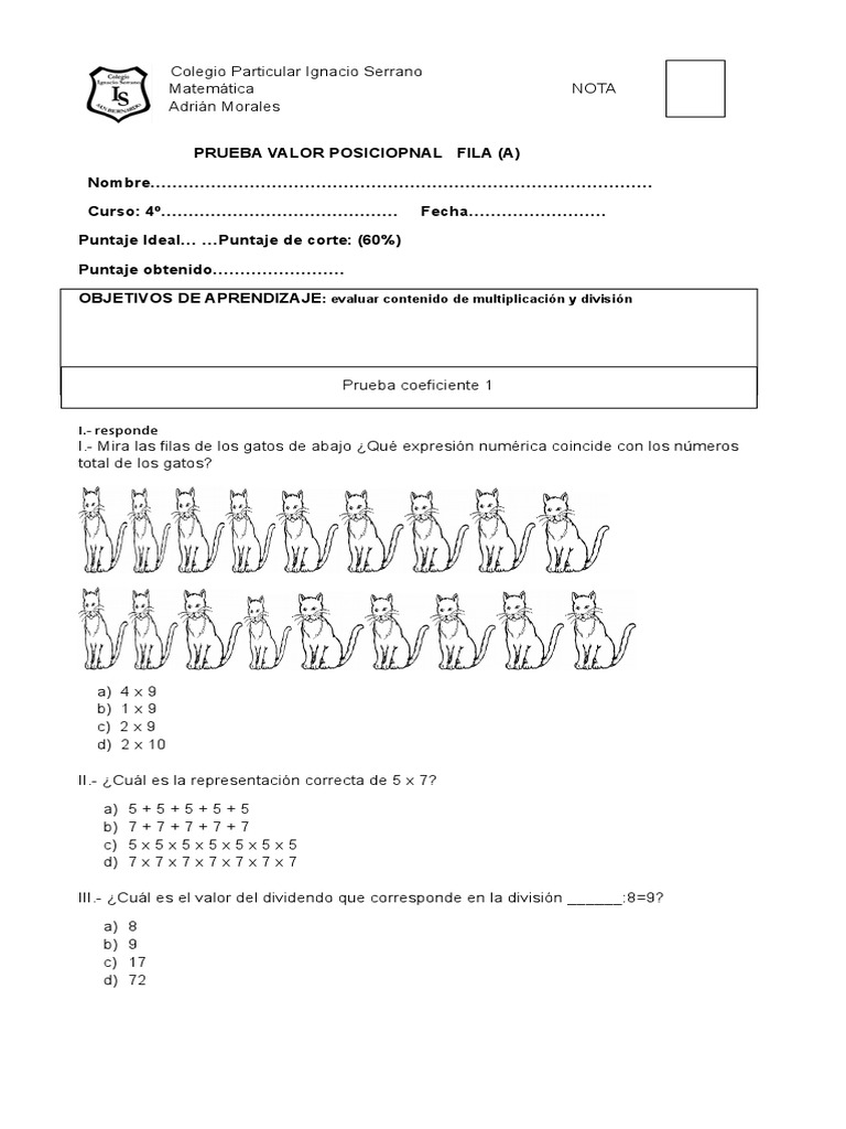 Prueba de Multiplicacion y Division Fila A | PDF