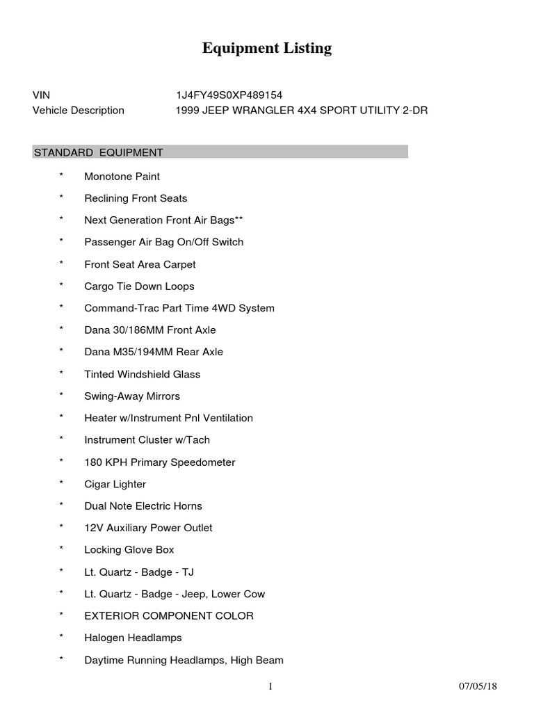 1999 Jeep Wrangler Build Sheet Details | PDF | Headlamp | Vehicle Industry