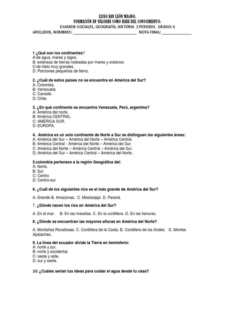 Examen Grado 4 Continente Ameriacano | PDF