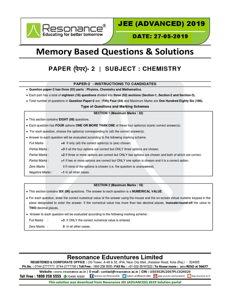 JEE Advanced 2019 Paper-2 Chemistry | PDF | Chemical Substances ...