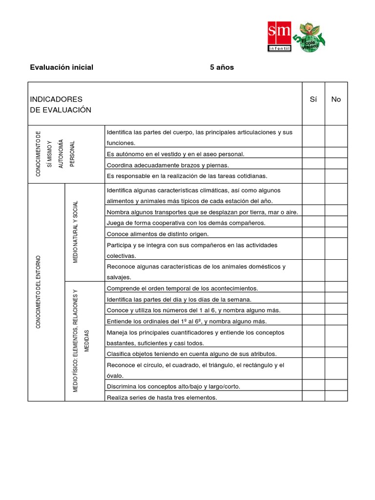 Evaluacion Inicial 5 Años SM | PDF