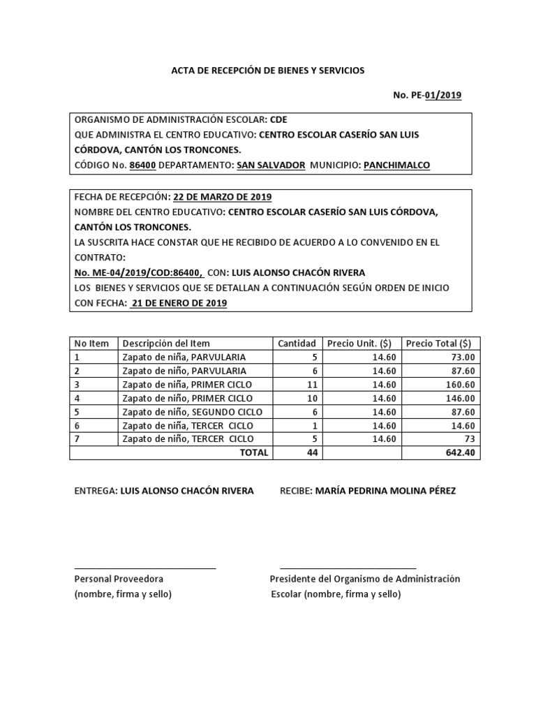 Acta de Recepción de Bienes y Servicios Acta de Recepción de Bienes y Servicios