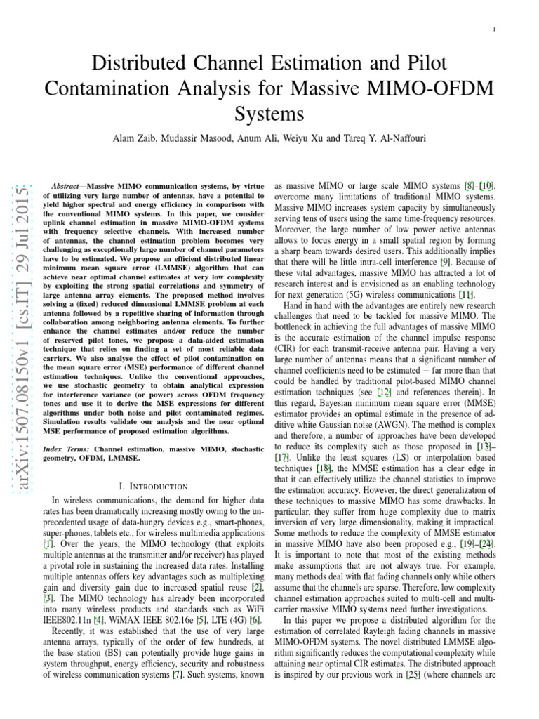Distributed Channel Estimation and Pilot Contamination Analysis for Massive MIMO-OFDM Systems ...