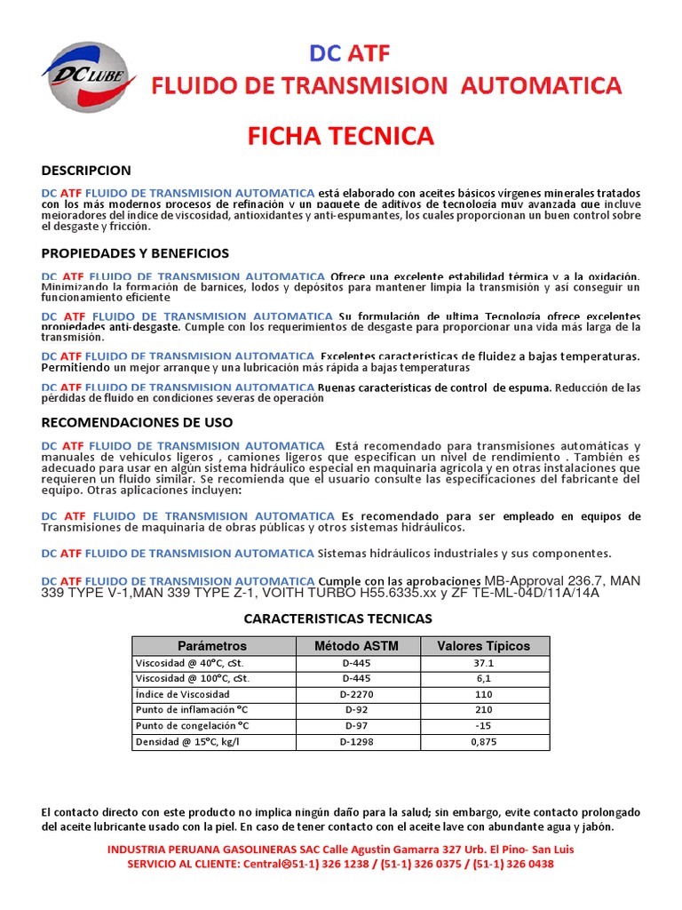 Ficha Tecnica DC Lube Atf | Descargar gratis PDF | Transmisión automática | Lubricante