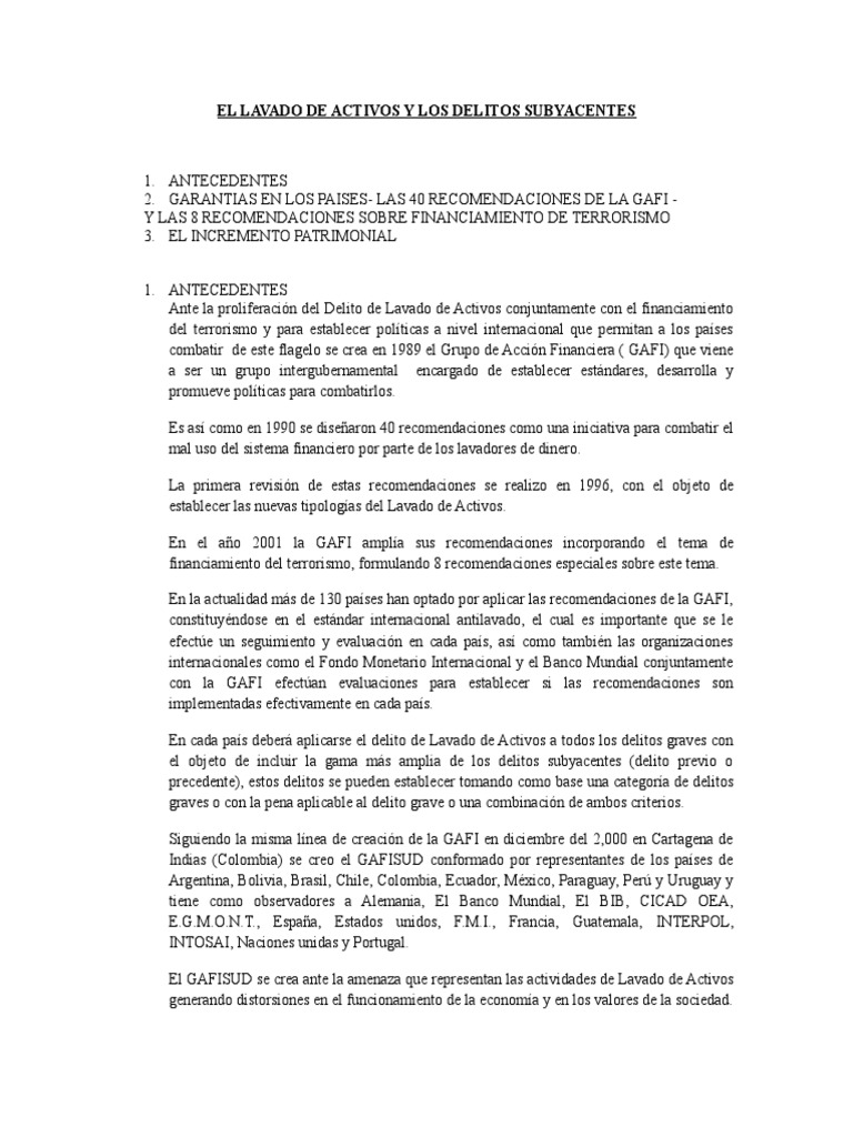El Lavado de Activos y Los Delitos Subyacentes | PDF | Lavado de dinero ...