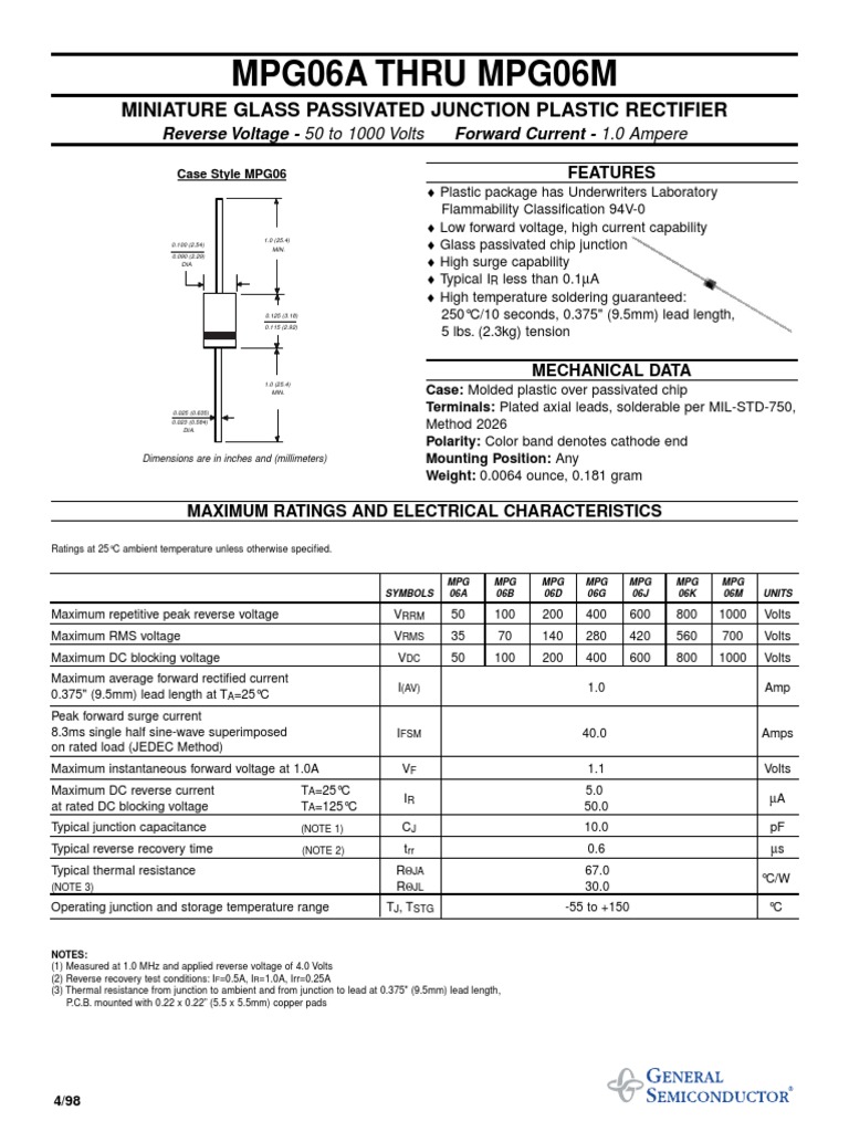 MPG060 Data Sheet | PDF | Rectifier | Capacitor