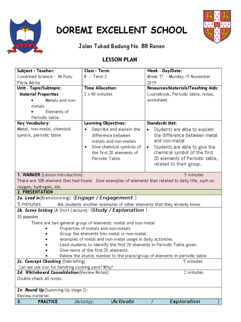 Metals and Non-Metals Lesson Plan | PDF | Periodic Table | Lesson Plan