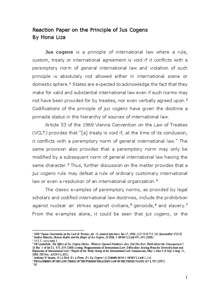 Reaction Paper On The Principle of Jus Cogens by Mona Liza | PDF ...