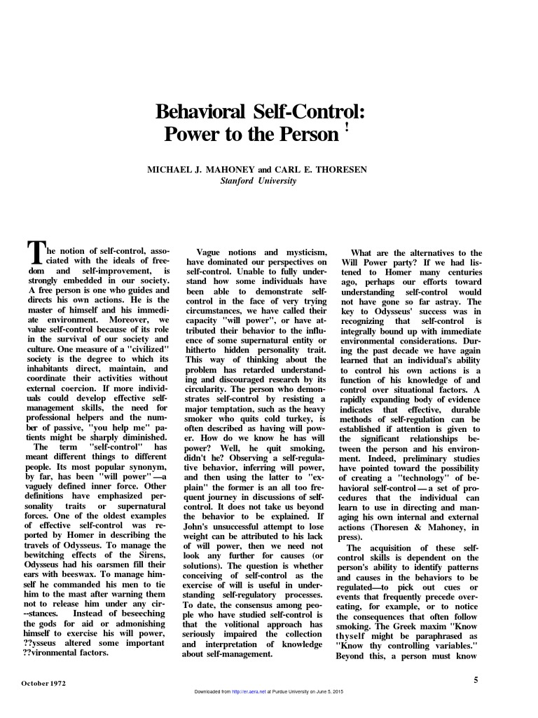 Behavioral Self-Control: Power To The Person: Stanford University | PDF ...