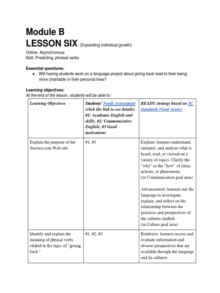 Module B Lesson Six | PDF | Learning | Goal
