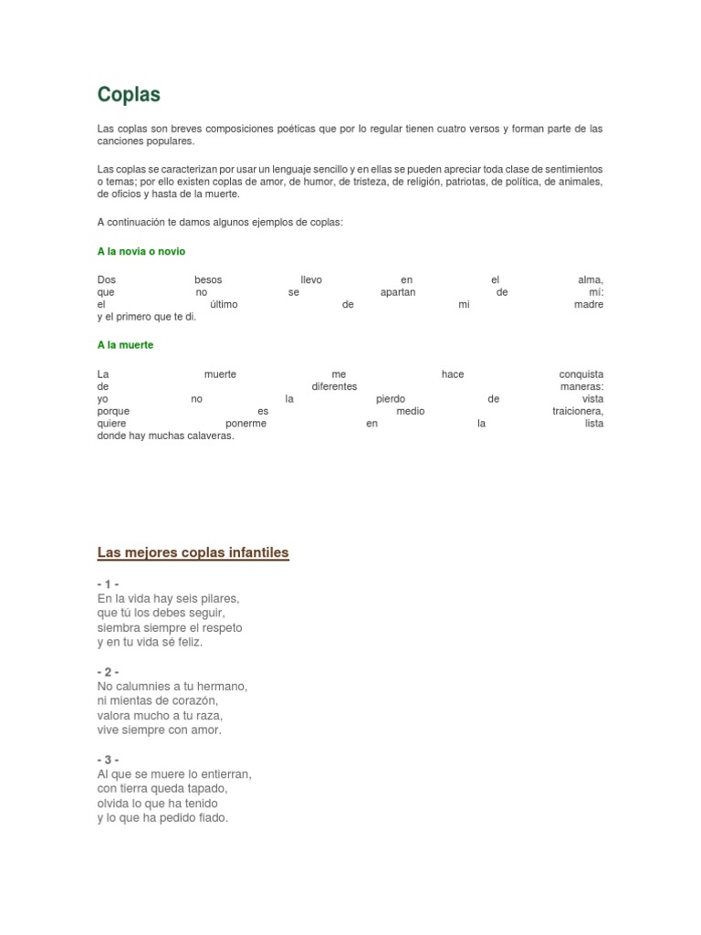 Coplas: breves composiciones poéticas populares | PDF | Amor