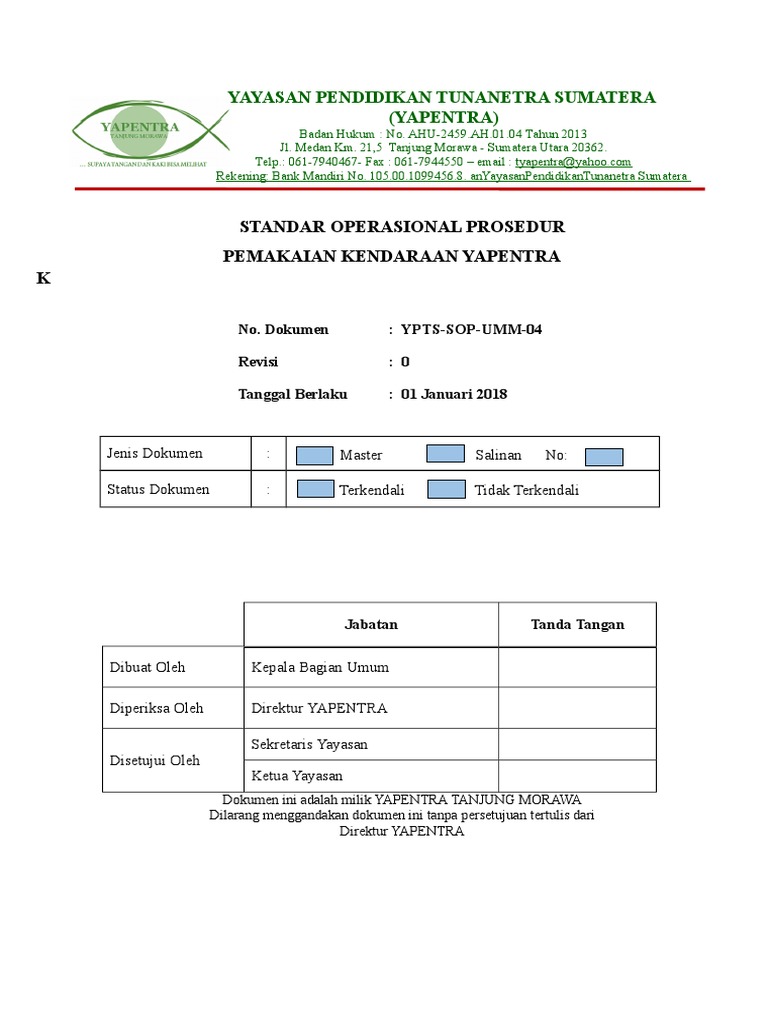 04 SOP Pemakaian Mobil Yayasan | PDF