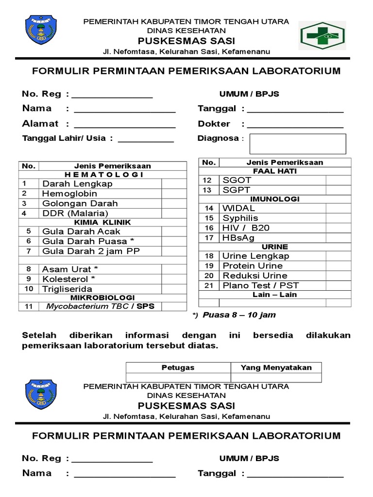 Formulir Permintaan Lab Puskesmas Sasi | PDF | Sains & Matematika