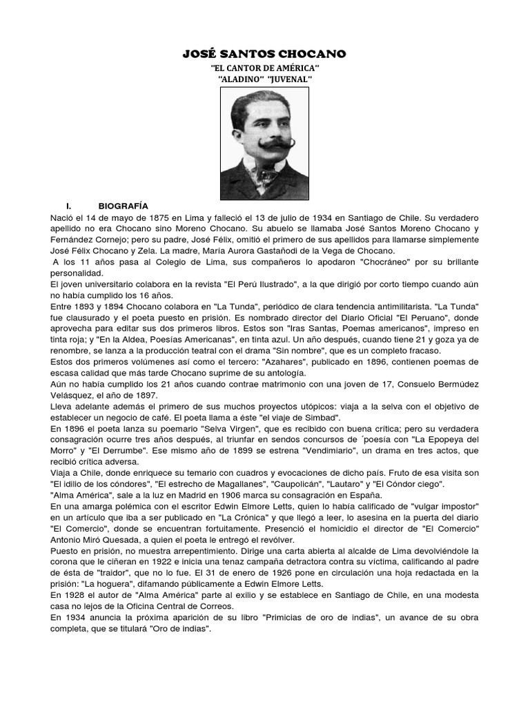Biografía y obras de José Santos Chocano | PDF | Poesía | Periódico Y ...