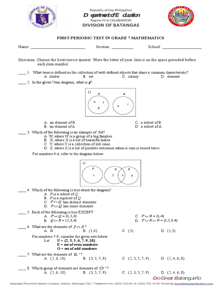 1st Periodic Test - Grade 7 With Answer Key.2012-2013 | PDF | Integer ...