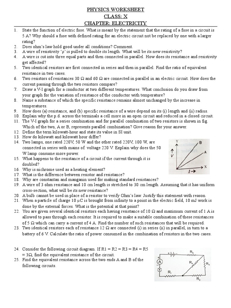 Physics Worksheet Class: X Chapter: Electricity | PDF | Series And ...