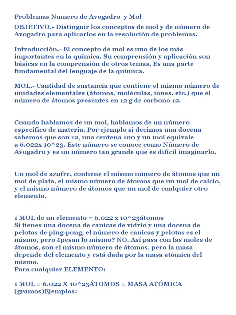 Número de Avogadro Ejercicios - Docx BASICO | PDF | Mole (Unidad ...