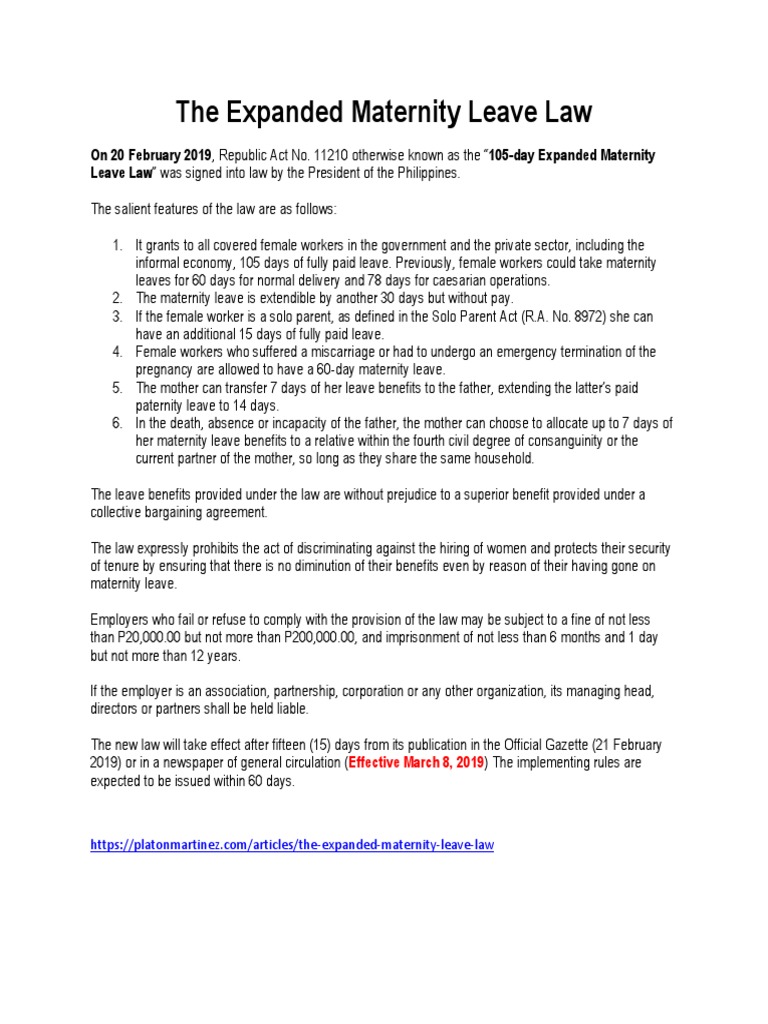Salient Feature of Expanded Maternity Leave Law of 2019 | PDF