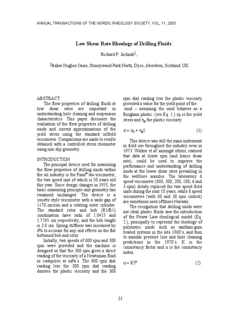 Richard Jachnik Low Shear Rate Rheology of Drilling Fluids | PDF ...
