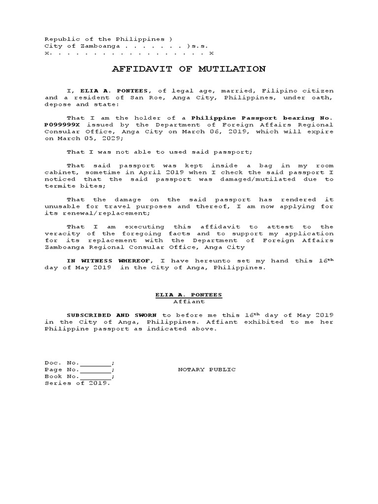 Affidavit of Mutilation: Application for Replacement of Damaged ...