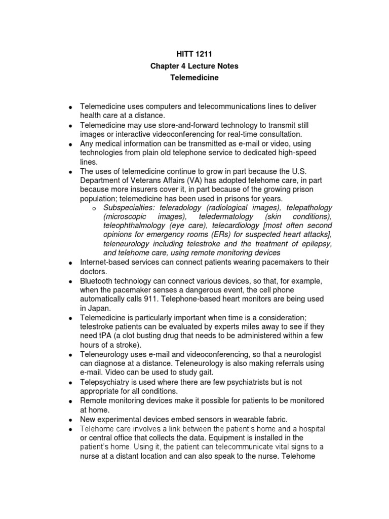 HITT 1211 Chapter 4 Lecture Notes Telemedicine | PDF | Telemedicine ...
