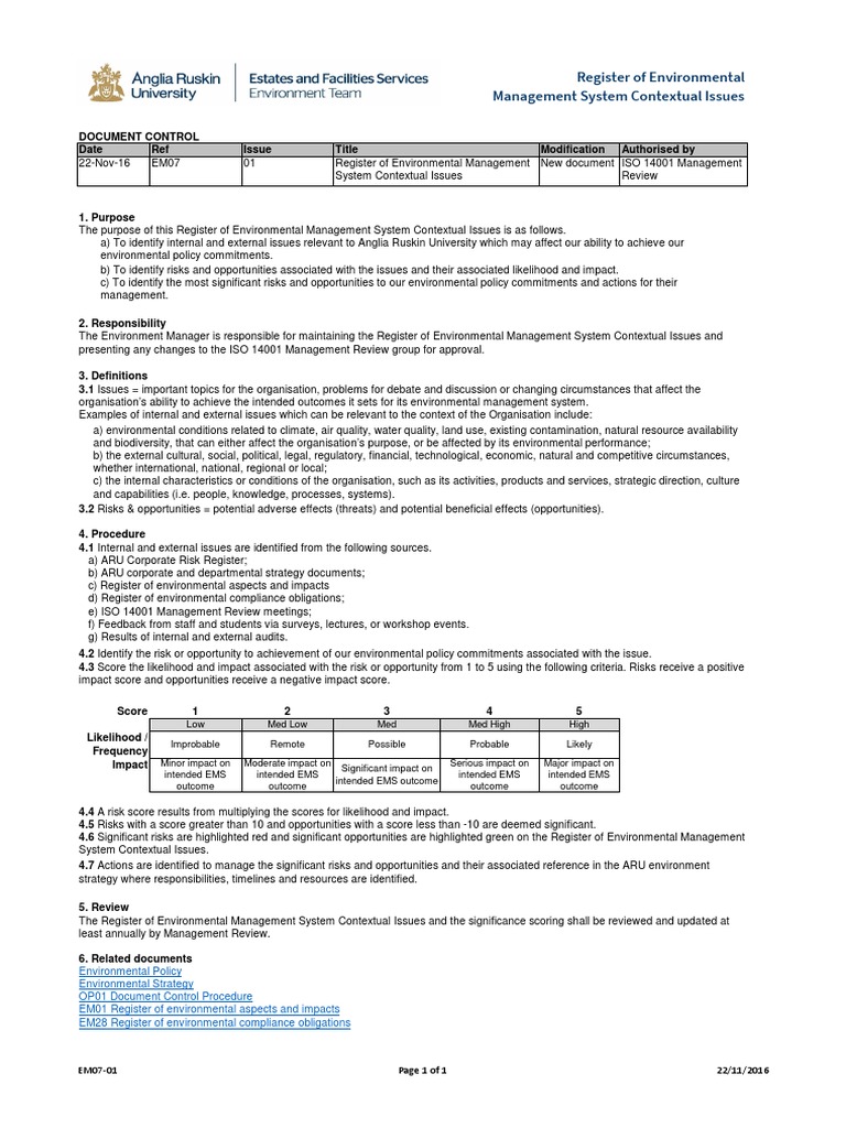 EM07-01 Contextual Issues Register | PDF | Environmental Policy ...