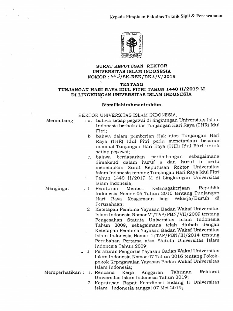 Surat Keputusan Rektor TTG THR 2019 | PDF