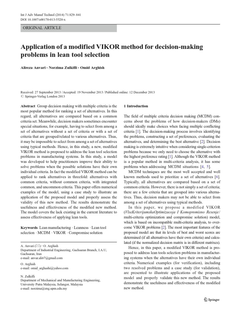 Application of A Modified VIKOR Method F PDF | PDF | Lean Manufacturing | Decision Making