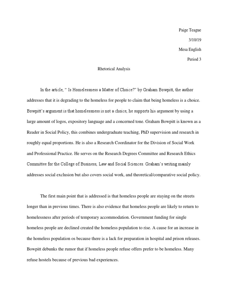 Rhetorical Analysis | PDF | Homelessness | Social Science