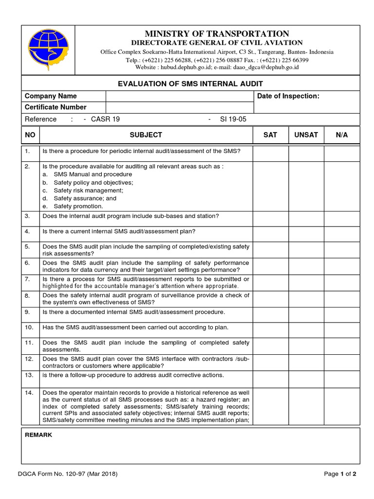 DGCA Form 120-97 Evaluation of SMS Internal Audit - Mar 2018 | PDF | Internal Audit | Audit