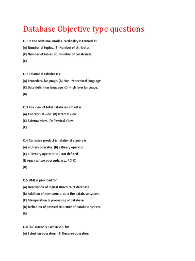 Database Objective Type Questions | PDF | Relational Database | Relational Model