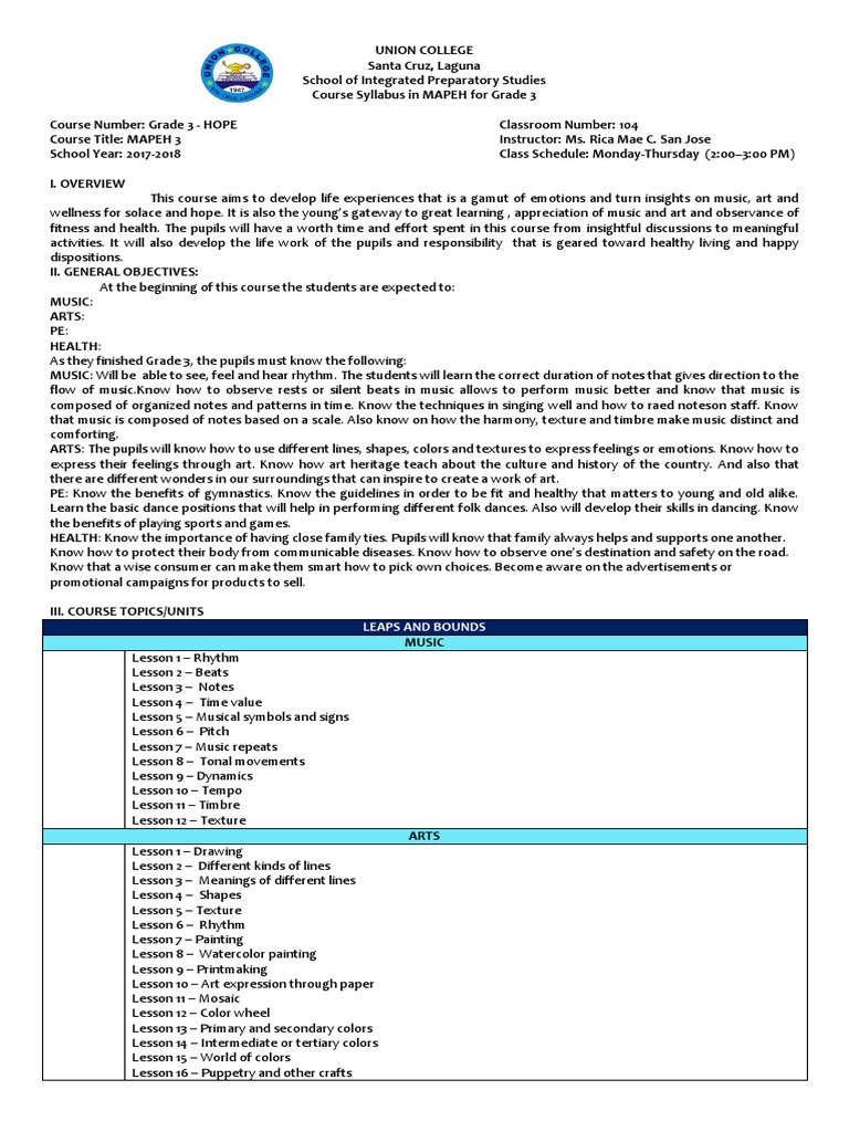 Syllabus Mapeh Grade 3 | PDF | Physical Education | Cognition