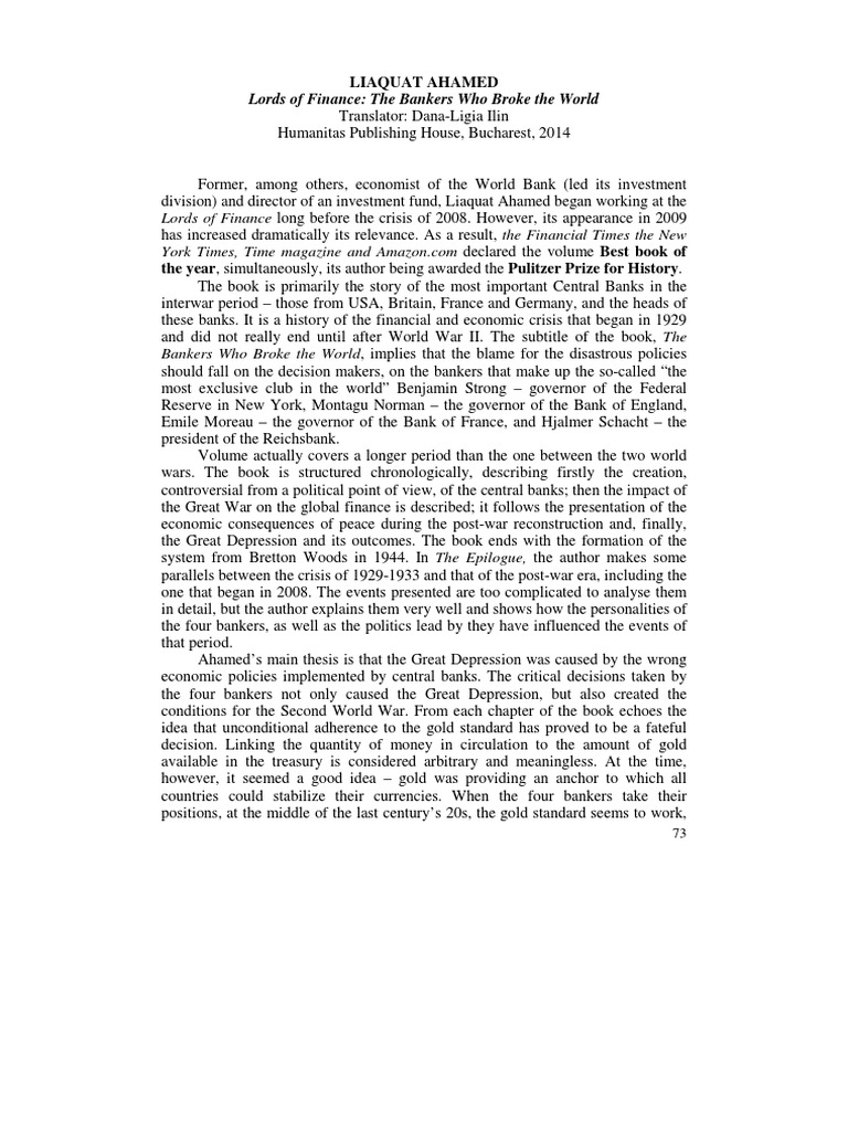 Liaquat Ahamed: Lords of Finance: The Bankers Who Broke The World | Download Free PDF | Gold ...