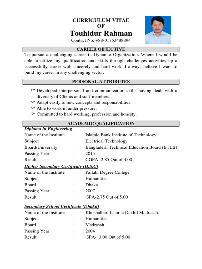 Touhidur Rahman: Curriculum Vitae OF | PDF | Academia | Educational Stages