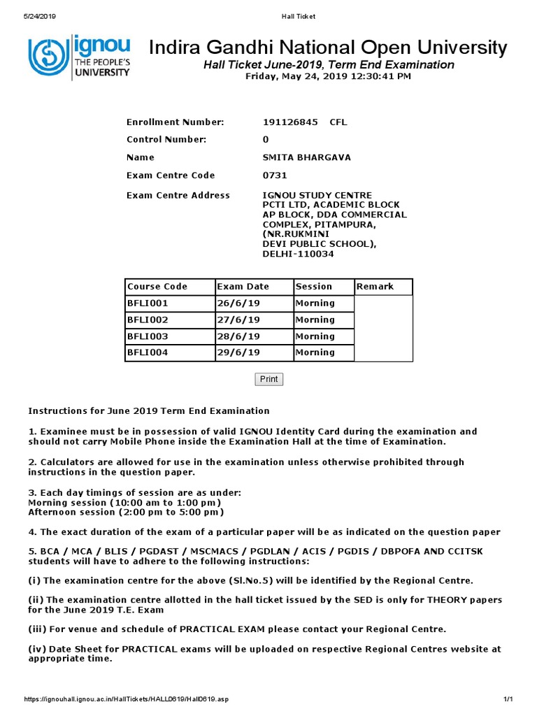 June 2019 Term End Examination Hall Ticket for SMITA BHARGAVA | PDF