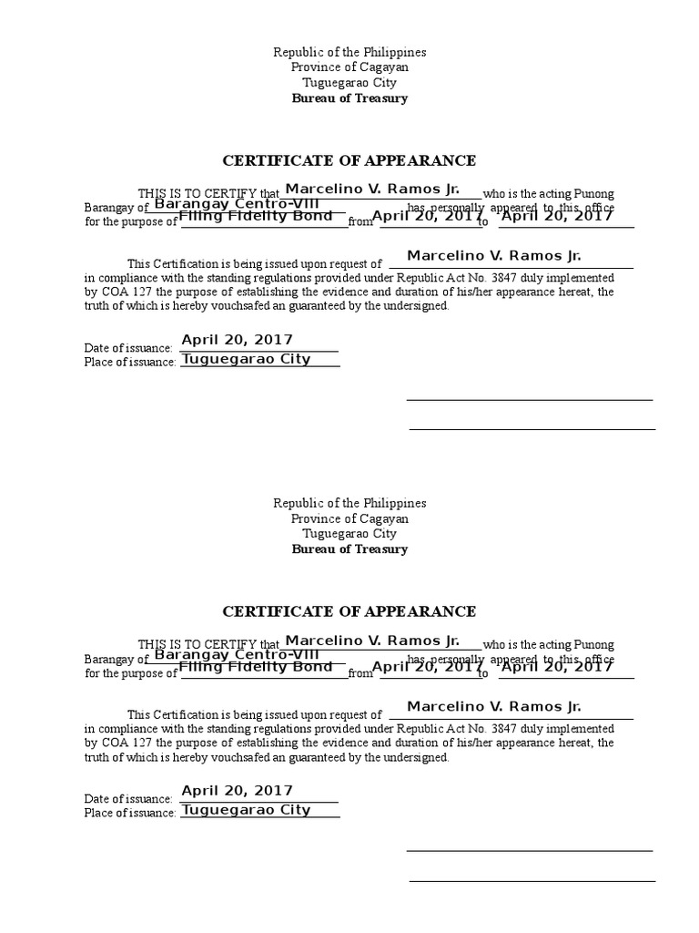 Certificate of Appearance: Republic of The Philippines Province of ...