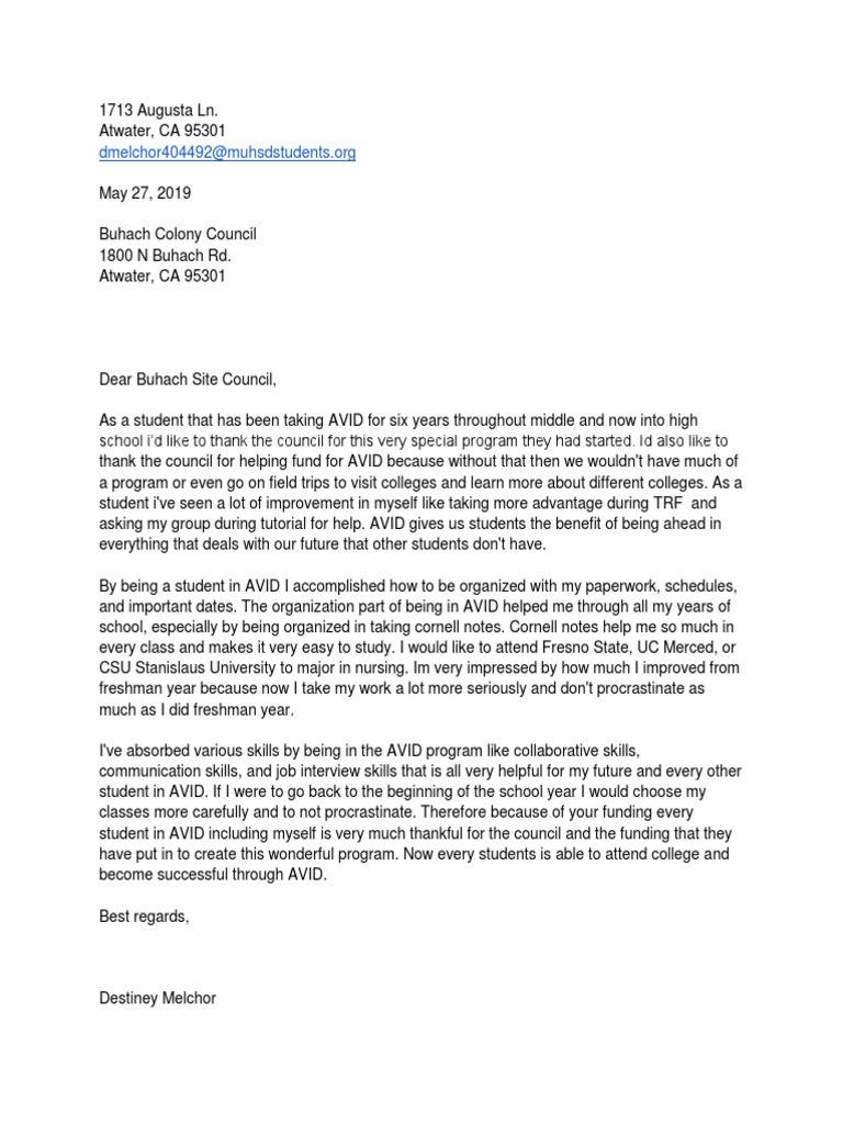 Avid Letter - Destiney Melchor | PDF