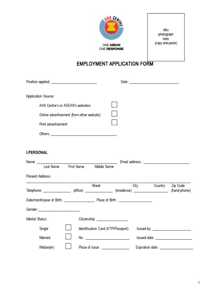 Employment Application Form: Affix Photograph Here (Copy and Paste ...