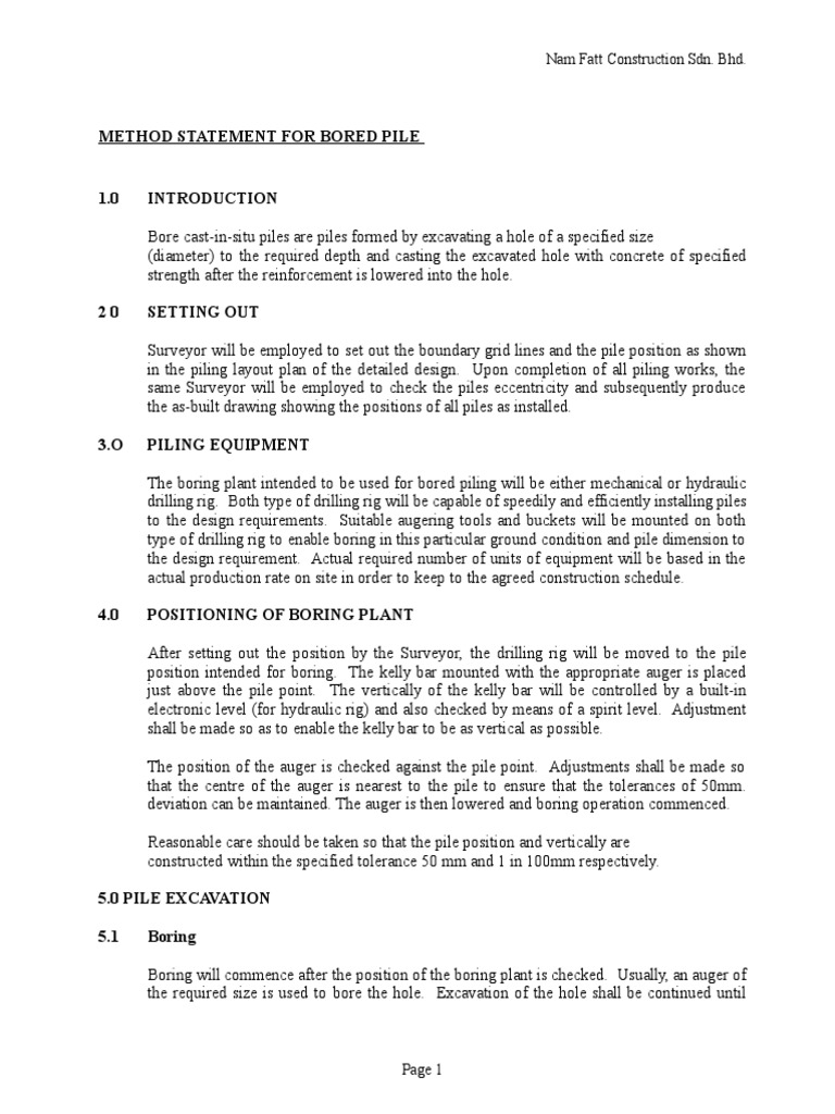 Method Statement For Bored Pile: Nam Fatt Construction Sdn. BHD | PDF ...