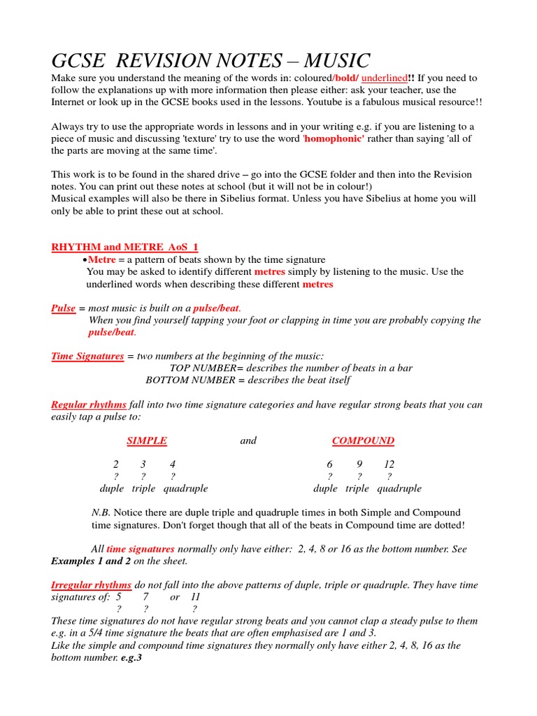 GCSE Music Revision Notes Summary | PDF | Chord (Music) | Harmony
