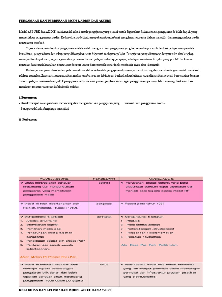 Persamaan Dan Perbezaan Model Addie Dan Assure | PDF
